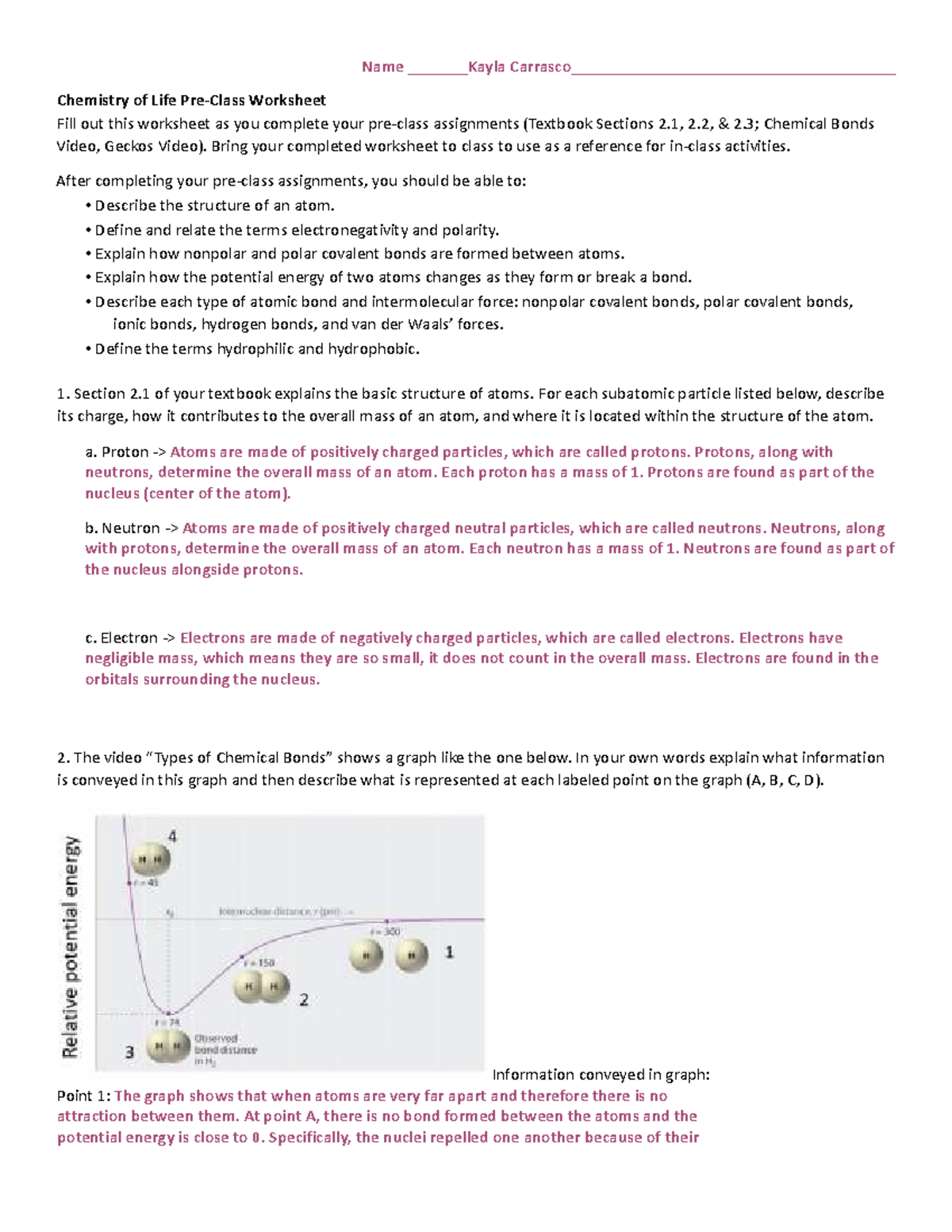 Chemistry of Life Worksheet (Week 1b Pre-Class Reading Guide) - Studocu