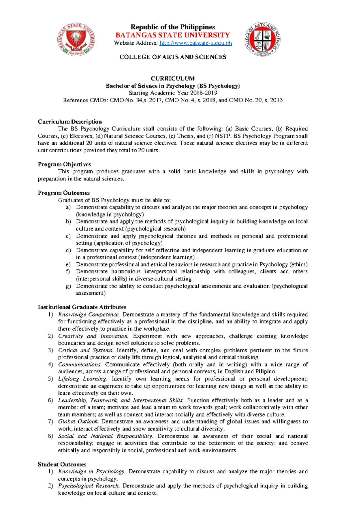 Bachelor of Science in Psychology Curriculum (BS Psychology) - Studocu