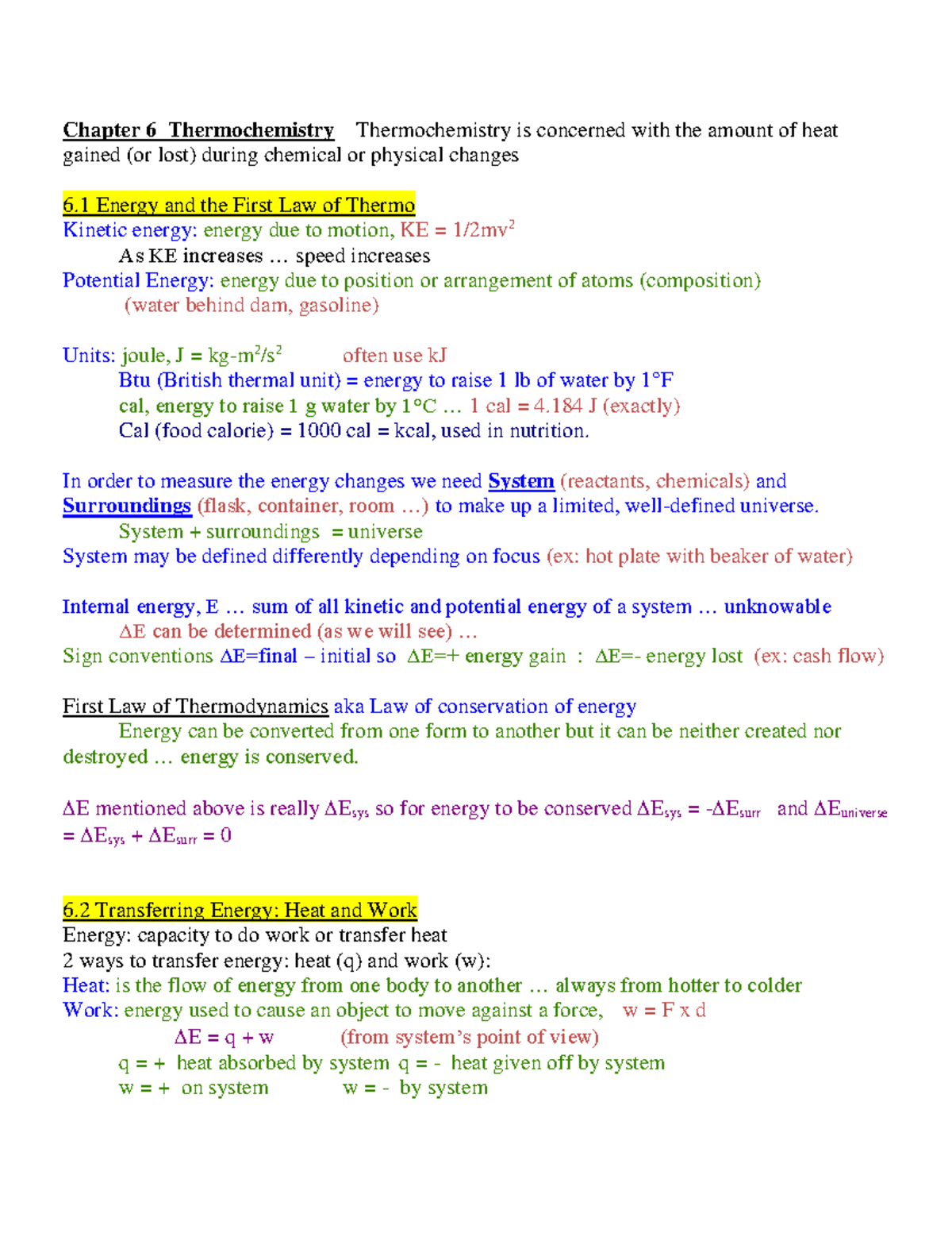 Thermochemistry and Energy Changes: Chapter 6 Notes (CHEM 101) - Studocu