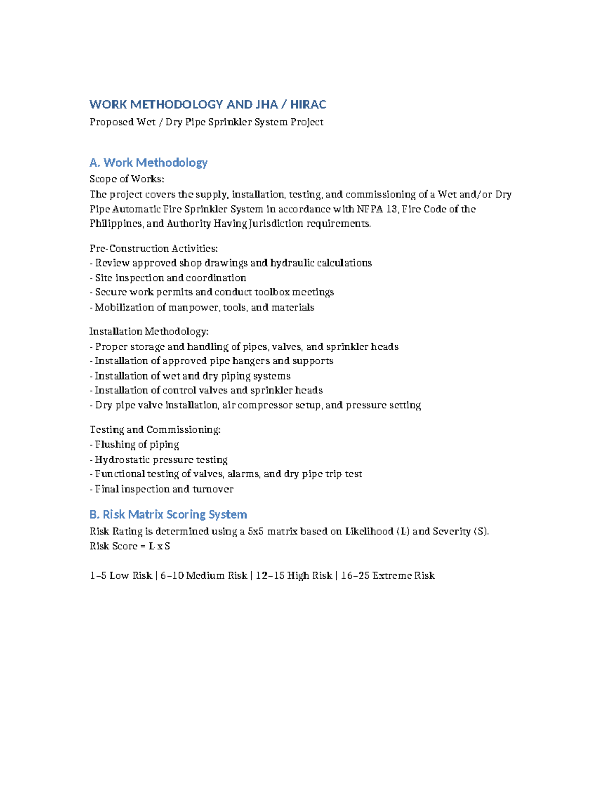 Wet Dry Pipe Sprinkler System Project Methodology & JHA HIRAC - Studocu
