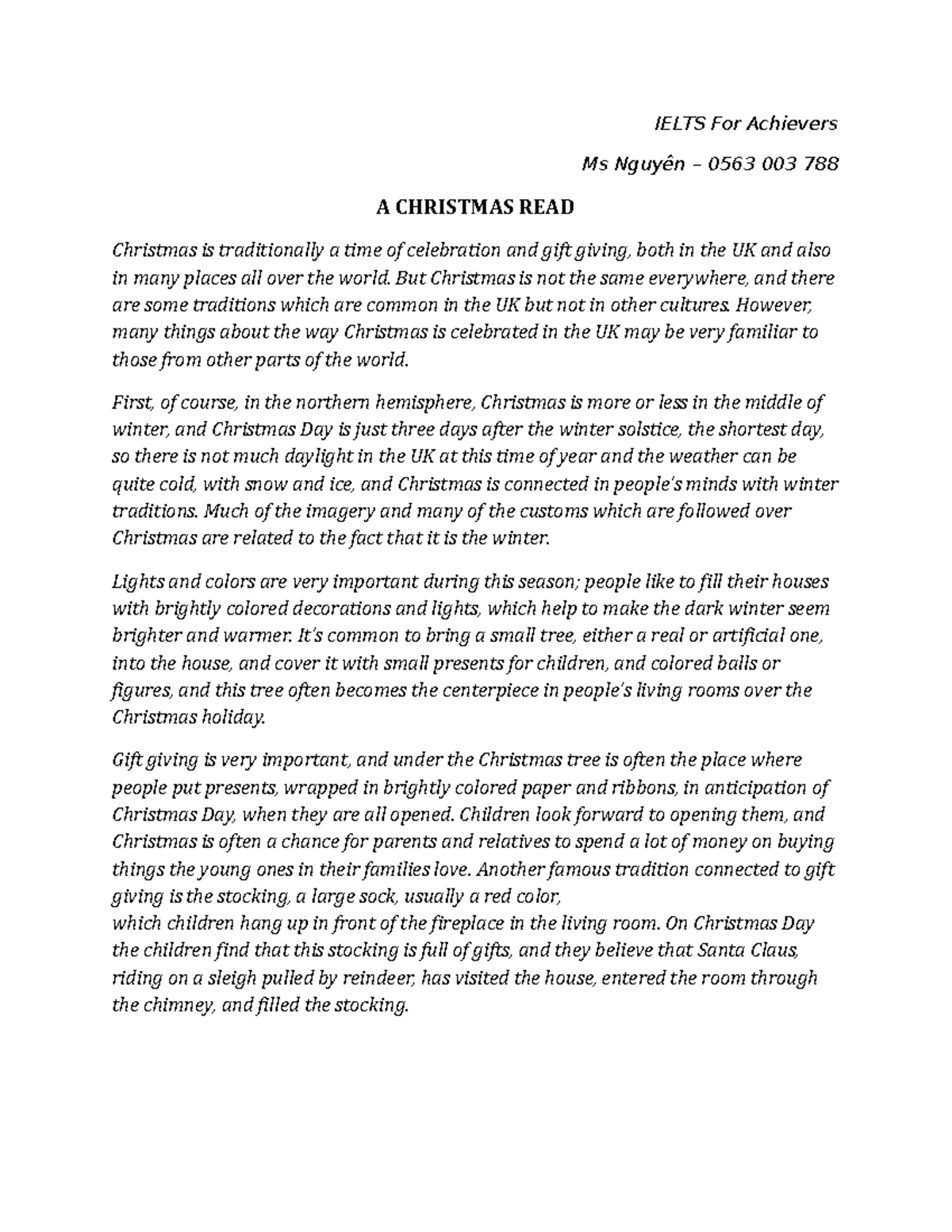 A- Christmas Traditions and Customs - IELTS Reading Insights - Studocu