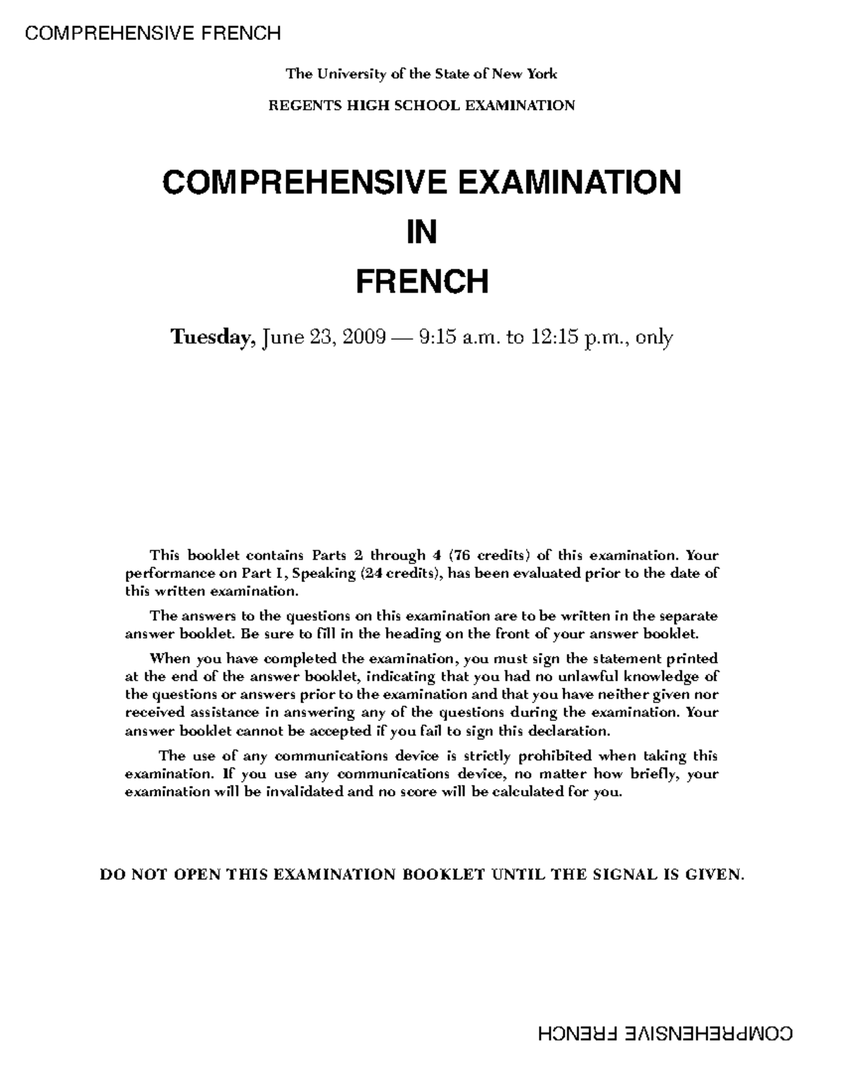 Regents Comprehensive French Exam June 23, 2009 - Exam Copy - Studocu