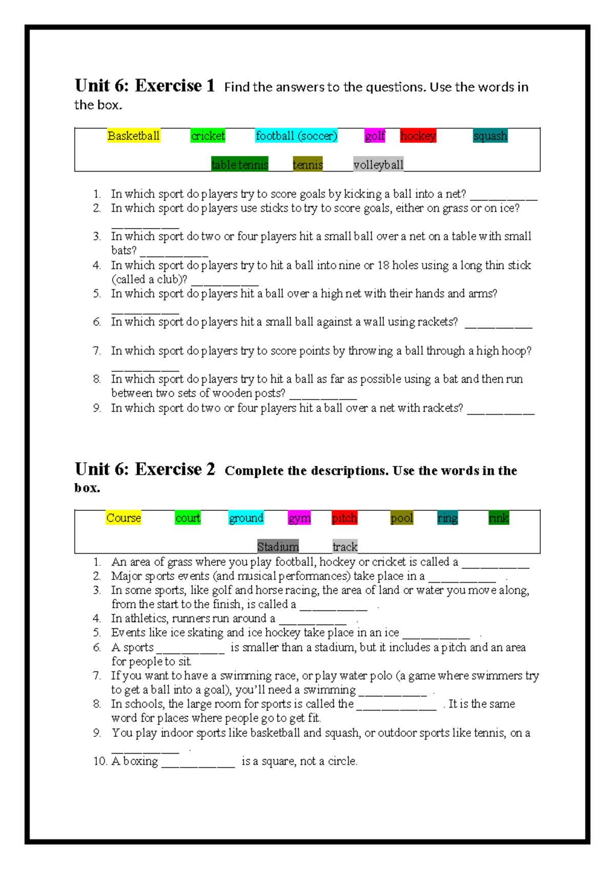 Unit 6: Sports Vocabulary Exercises and Comparative Forms - Studocu