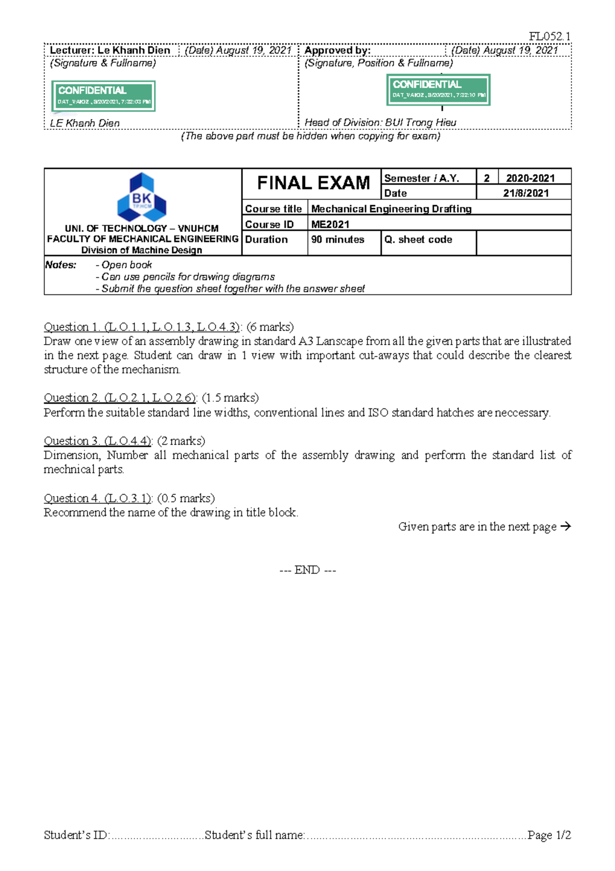 ME2021 Final Exam: Mechanical Engineering Drafting - 21/08/2021 - Studocu