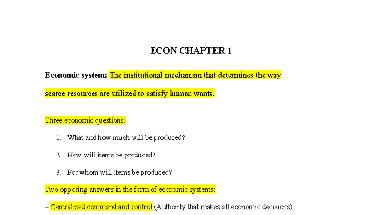 ECON CH. 1 & 2 - Lecture Notes on Economic Systems and Scarcity - Studocu