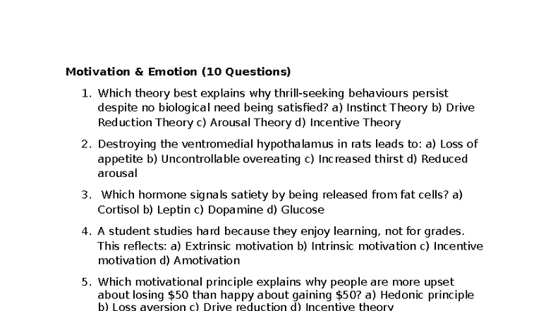 Motivation and Emotion PSYC Quiz Practice (10 Questions) - Studocu