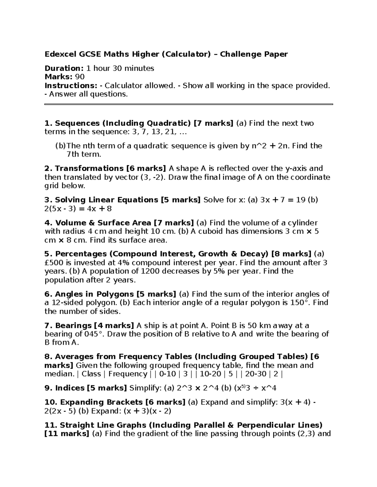 Edexcel GCSE Maths Higher Challenge Paper (Calculator) - Studocu