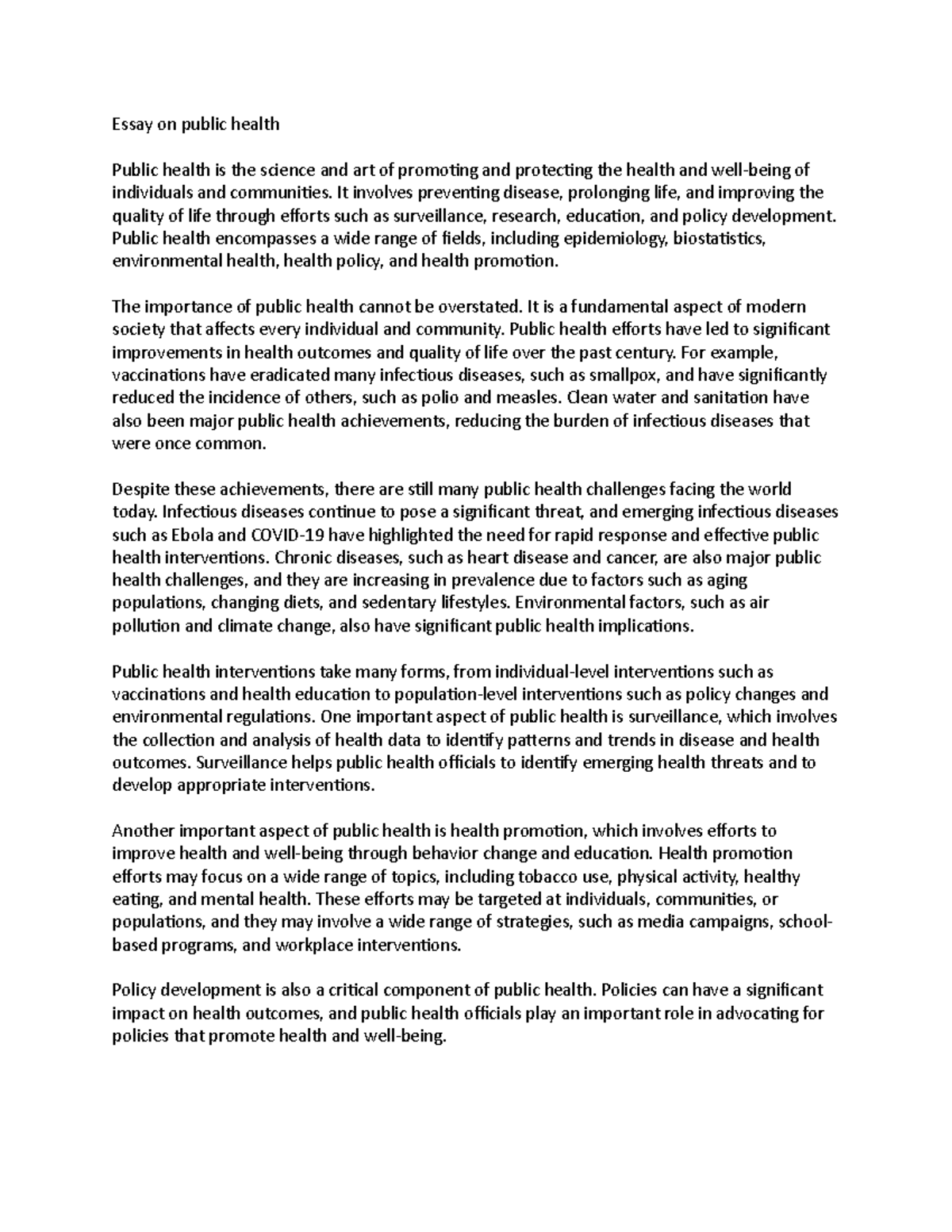 Public Health Essay: Challenges and Interventions in Modern Society ...