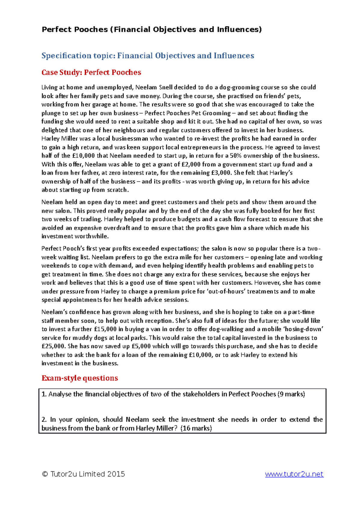 Financial Objectives Case Study: Perfect Pooches BUS101 - Studocu