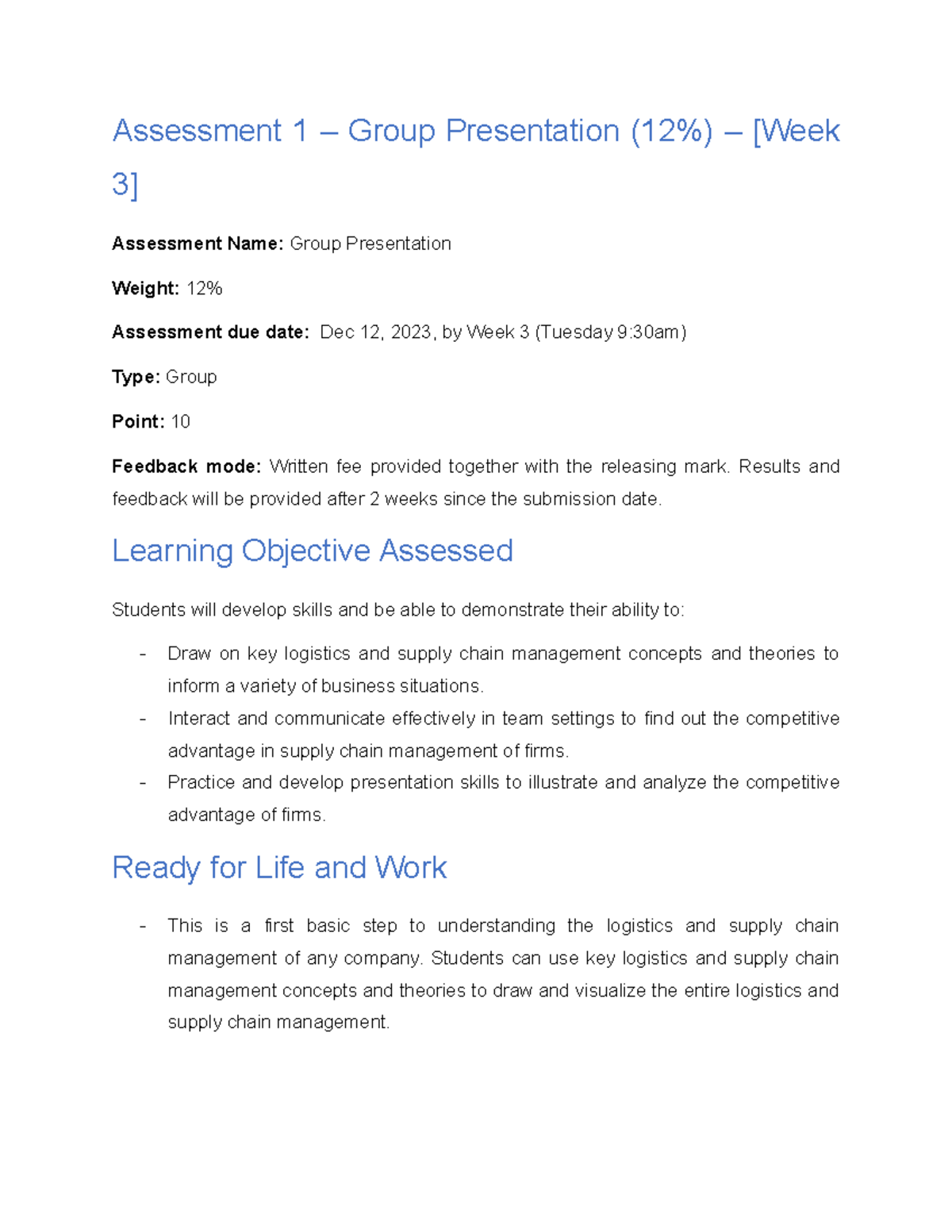 Assessment 1 - Group presentation (12%) - Week 3 - Assessment 1 – Group ...