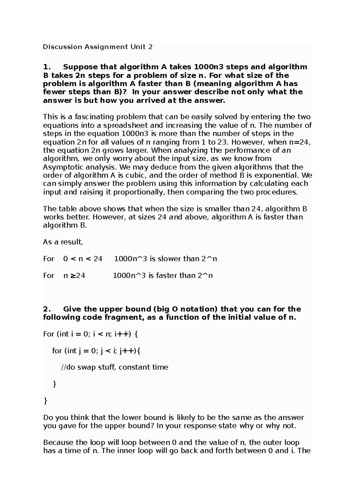 Discussion 2 4 Discussion Assignment Unit 2 1 Suppose That Algorithm A Takes 1000n3 Steps And