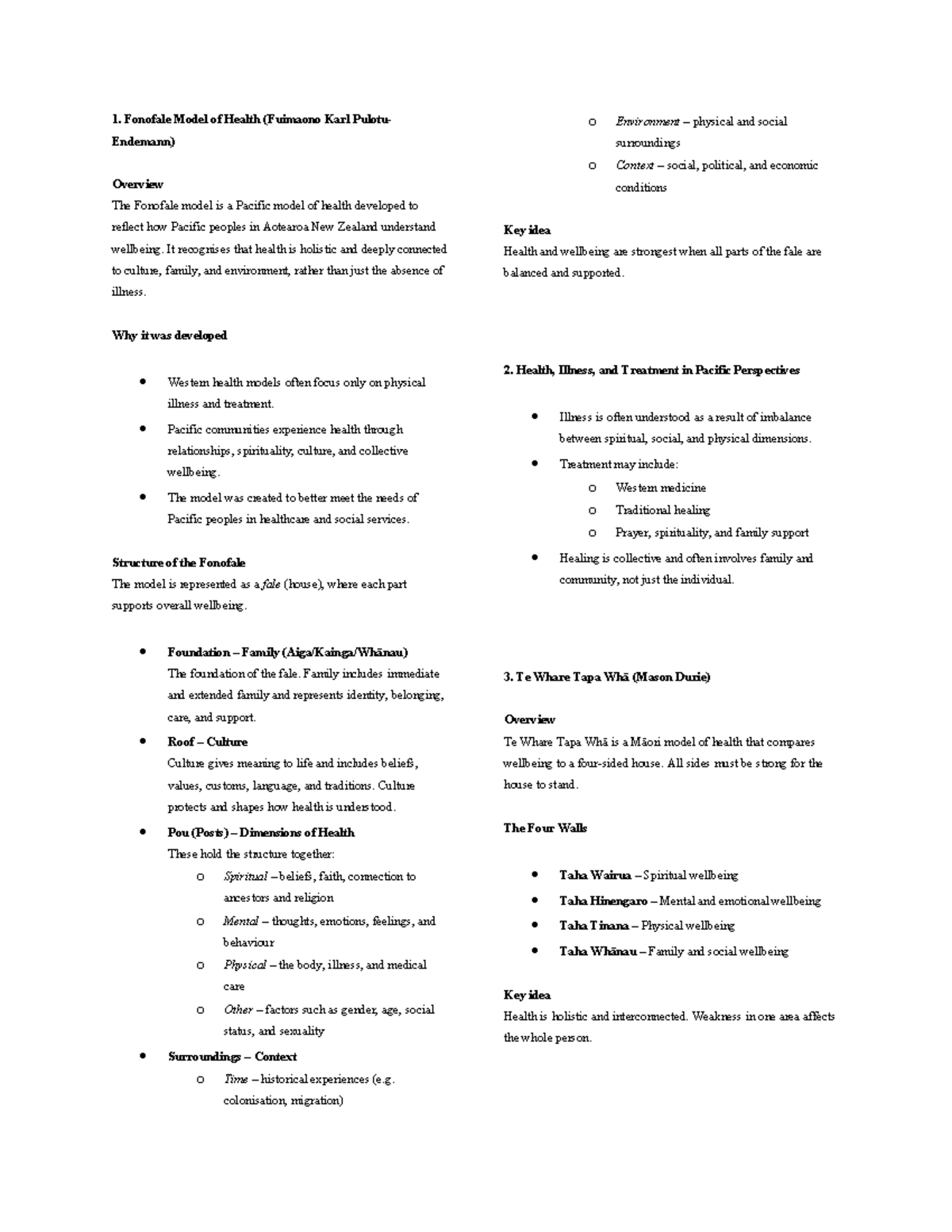 Fonofale & Te Whare Tapa Whā Models of Health Cheat Sheet - Studocu