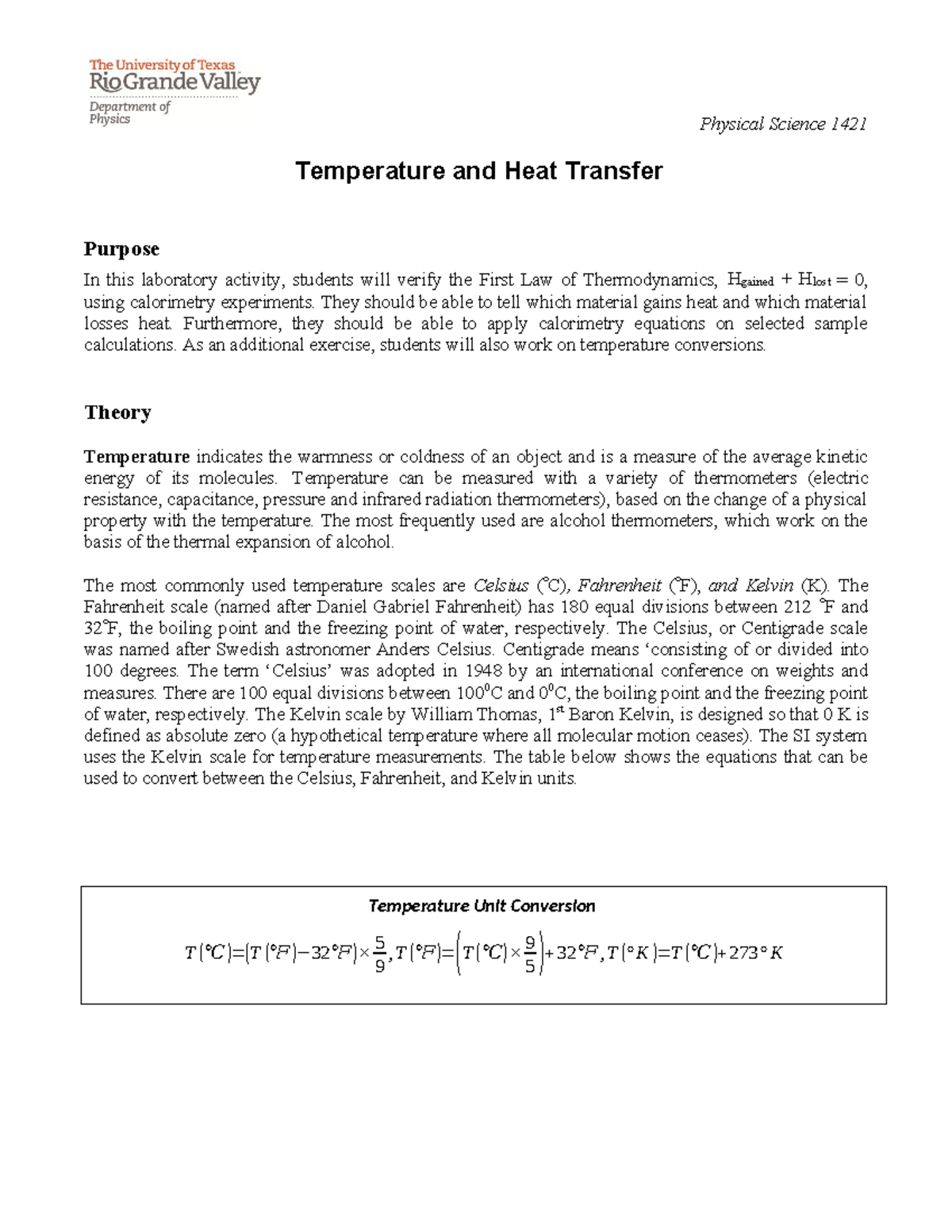 Lab 5 - Physical Science 1421: Exploring Temperature & Heat Transfer ...