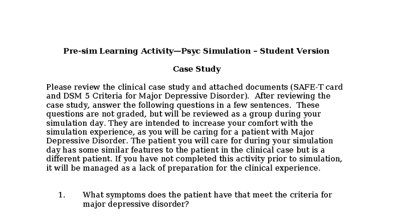 N479 525 Psyc Pre-Sim Learning Activity: Major Depressive Disorder Case Study - Studocu