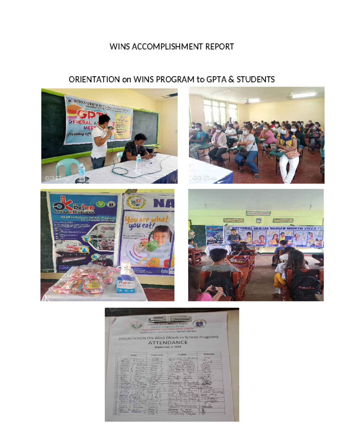 Wash in School (WINS) - Mapeh - WINS ACCOMPLISHMENT REPORT ORIENTATION ...