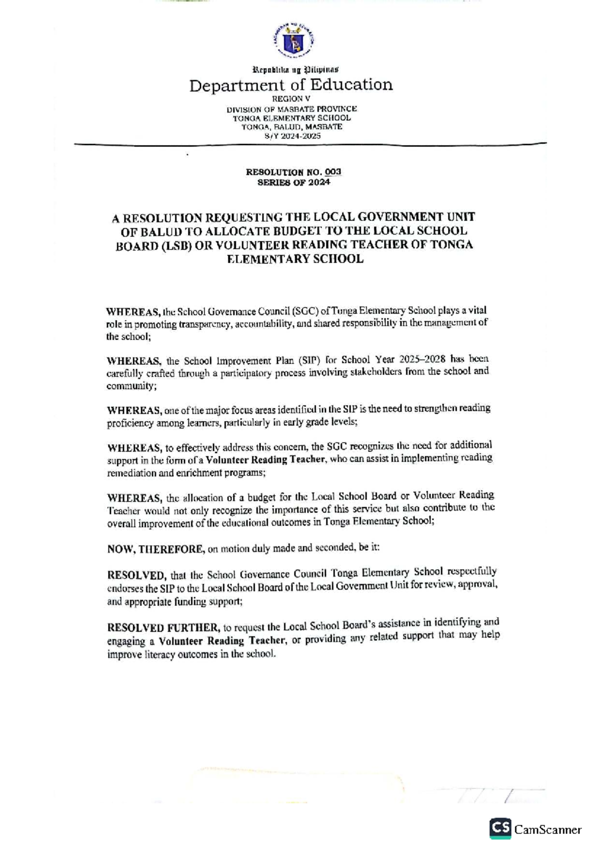 FI 7 SGC Resolution: Budget Request for Volunteer Reading Teacher at ...