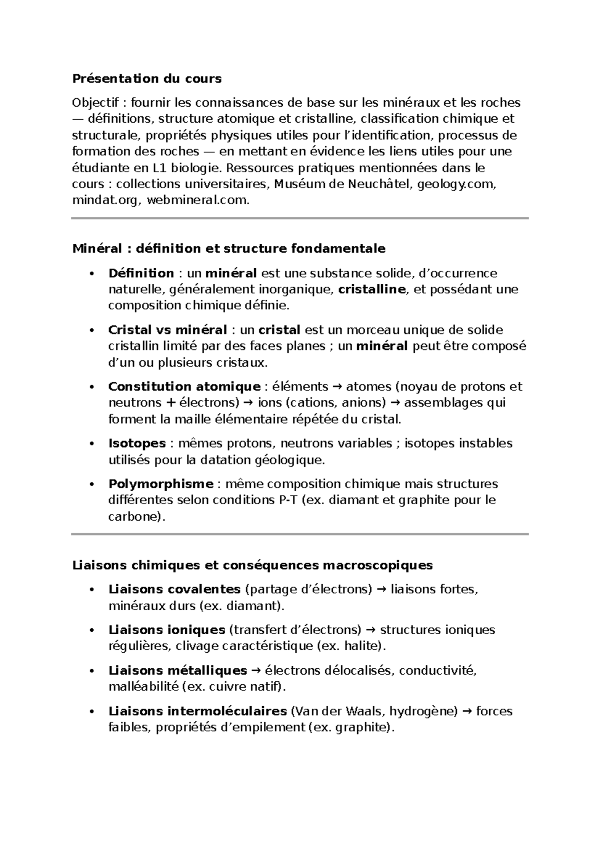 Introduction aux Minéraux et Roches pour L1 Biologie - Studocu