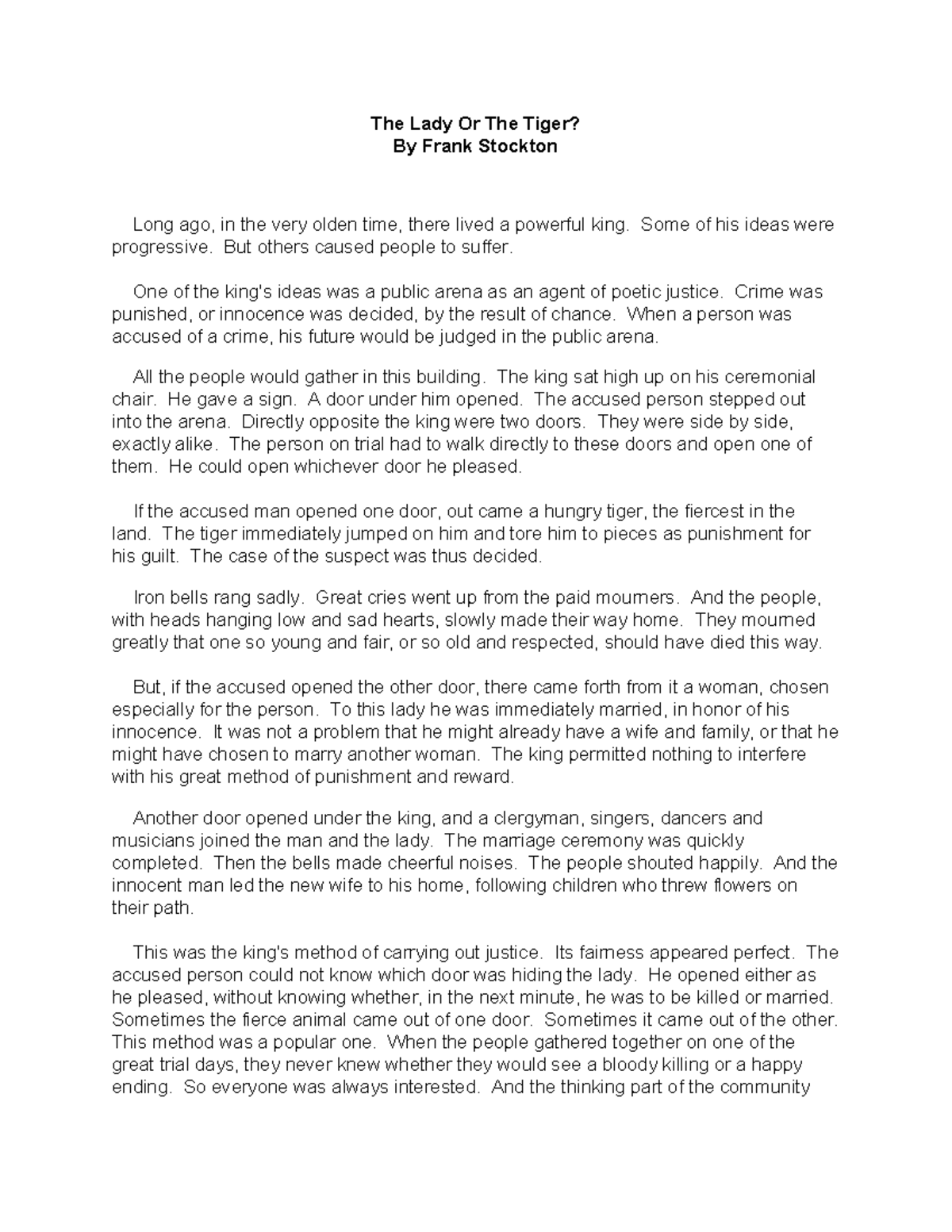 The Lady or the Tiger? - Simplified Version Analysis and Summary - Studocu