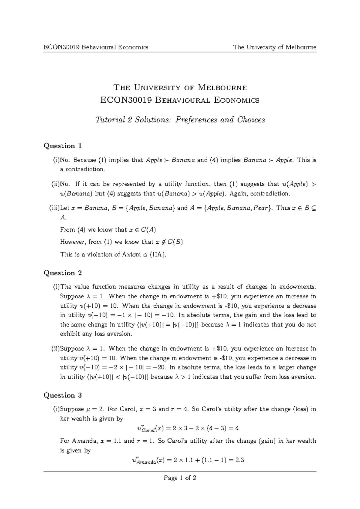 ECON30019 T2 2024 Behavioural Economics Tutorial Solutions - Studocu