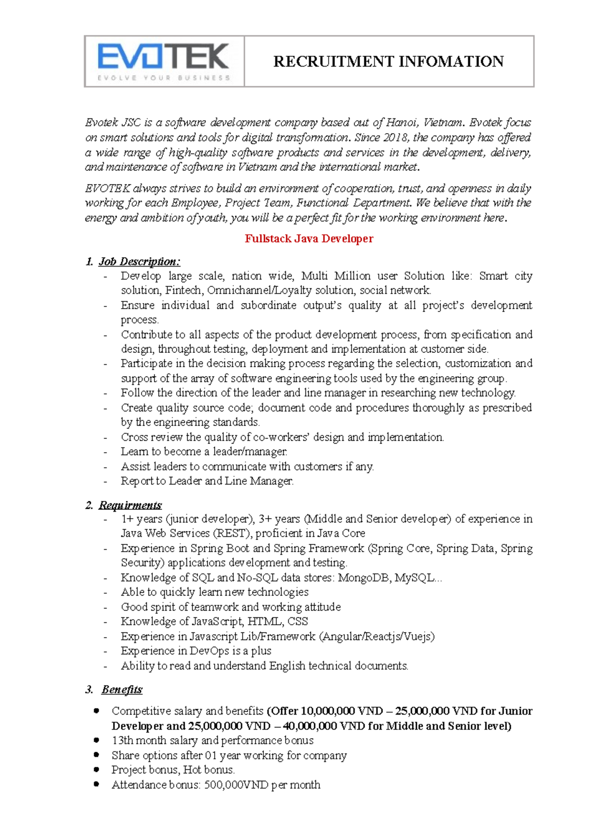 Evotek JD Java-Developer-English - RECRUITMENT INFOMATION Evotek JSC is ...