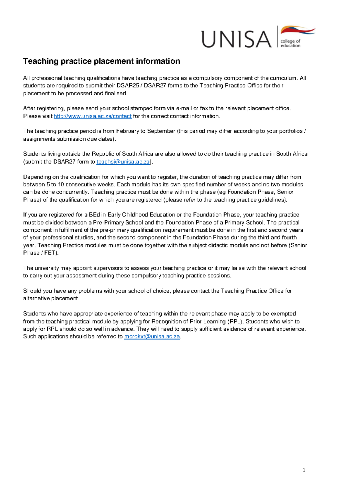 Unisa Teaching Practice Placement Info 2019: Guidelines & Procedures ...
