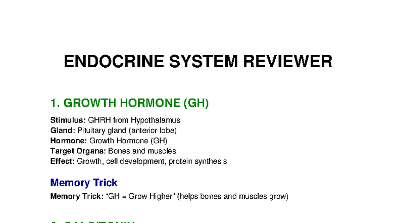 ENDOCRINE SYSTEM REVIEWER: Hormones & Memory Tricks - Studocu