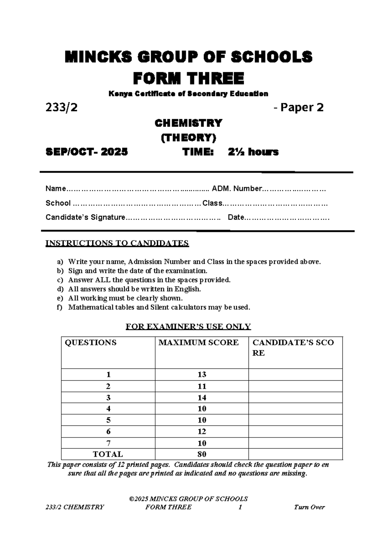 Chemistry FORM 3 Paper 2 End Term 2 2023 - Mincks School - Studocu