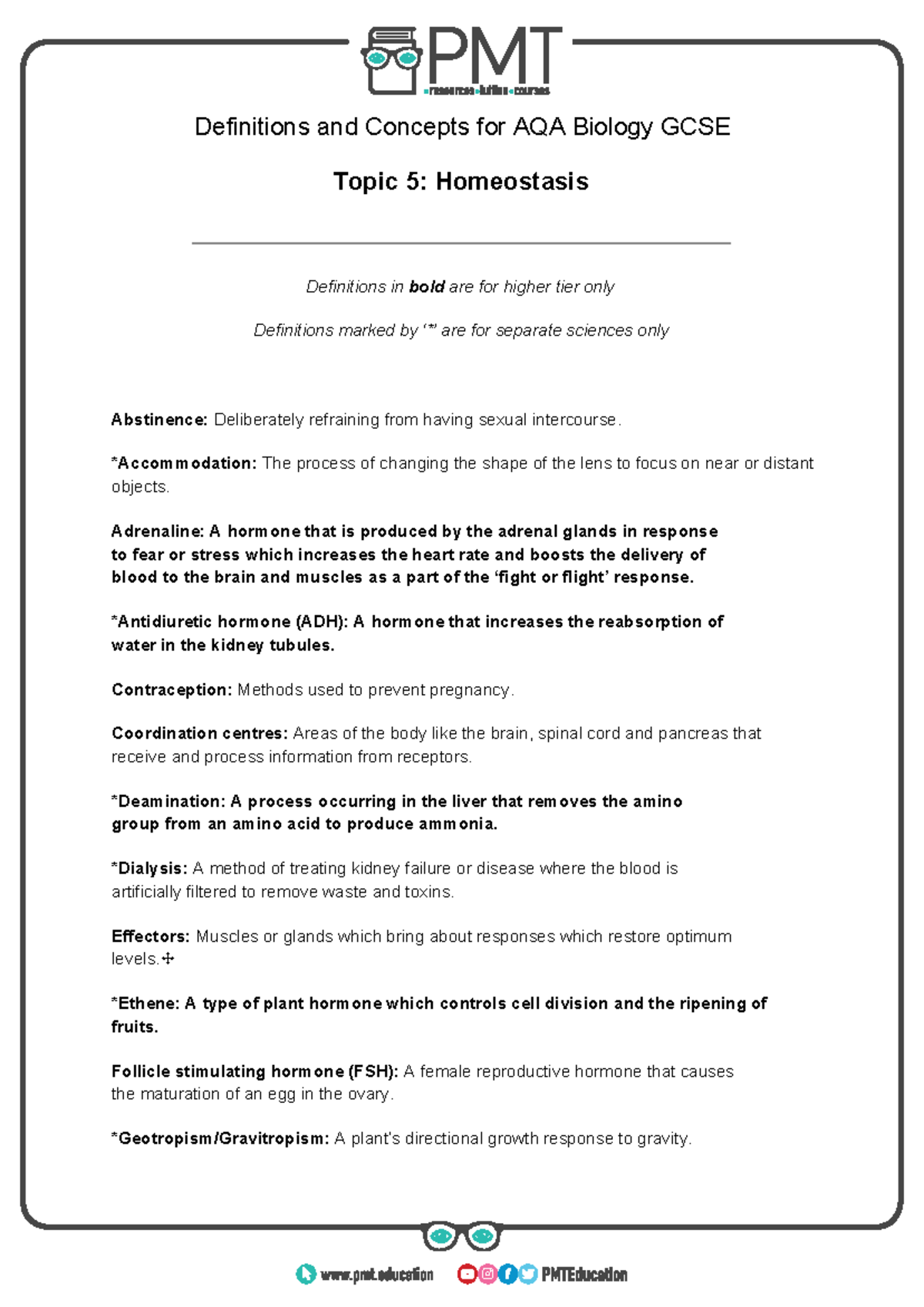AQA Biology GCSE Topic 5: Homeostasis Definitions for Higher Tier - Studocu
