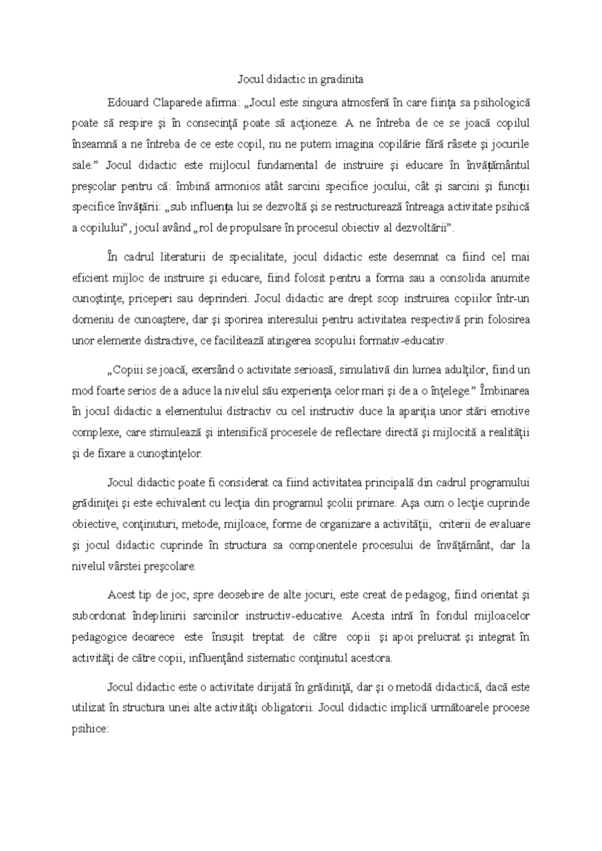 Jocul Didactic în Grădiniță: Importanța și Funcțiile Sale - Studocu