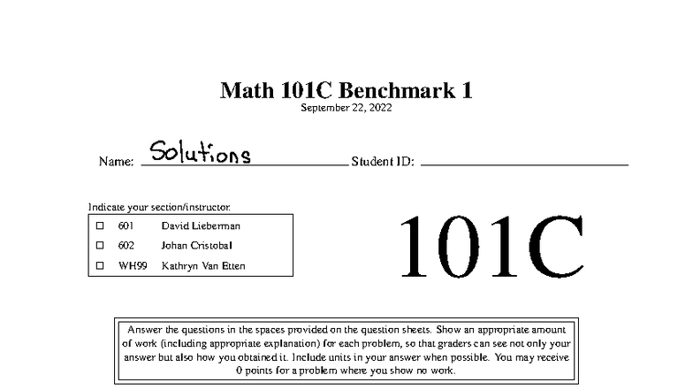Math 101C Practice Benchmark 1 Solutions - Fall 2022 - Studocu