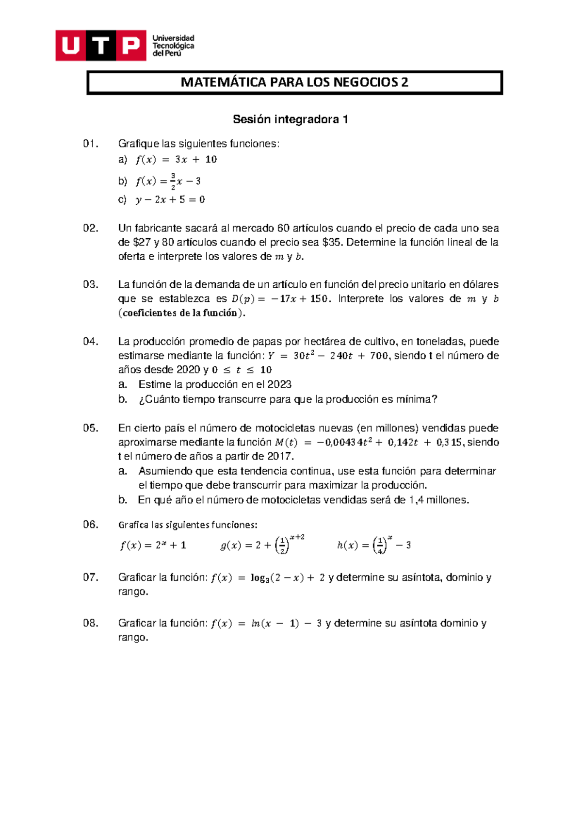MATEMÁTICA PARA LOS NEGOCIOS 2 - Sesión Integradora 1: Funciones - Studocu