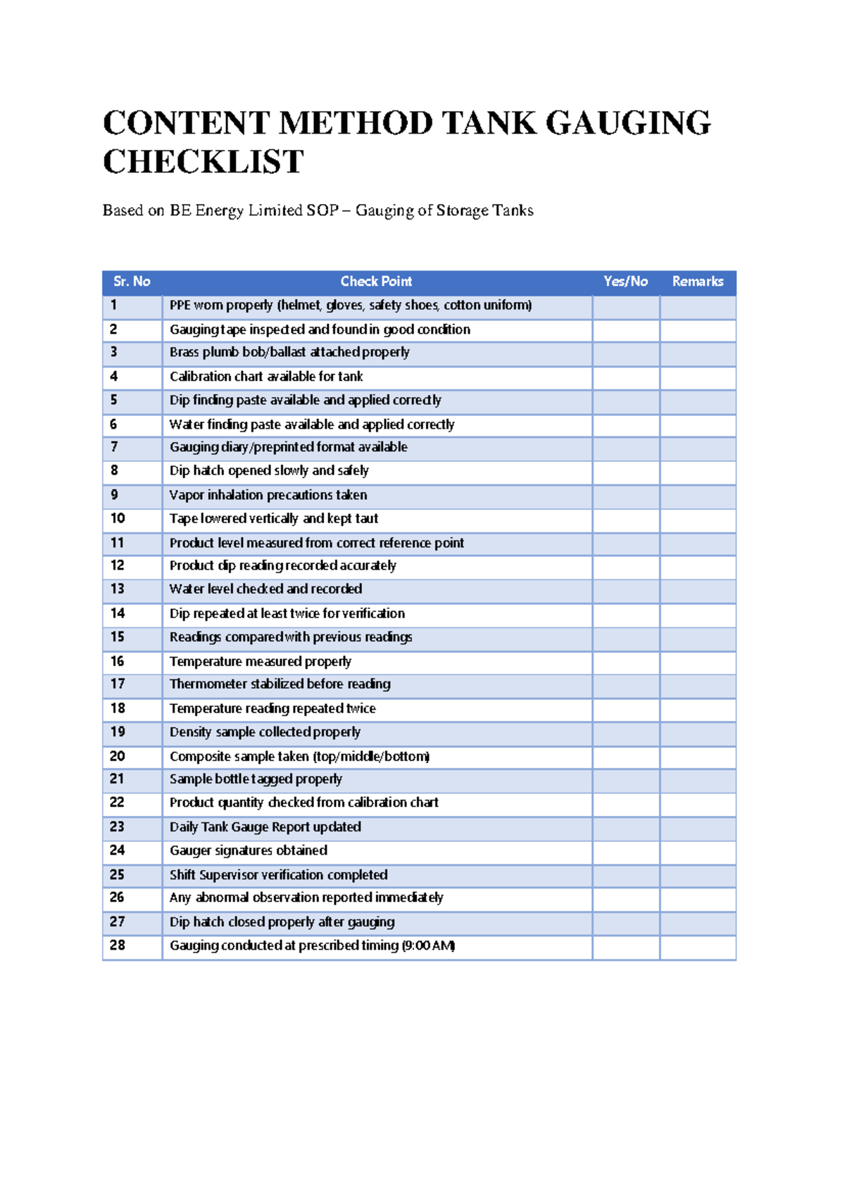 BE Energy Limited SOP: Tank Gauging Checklist - Studocu