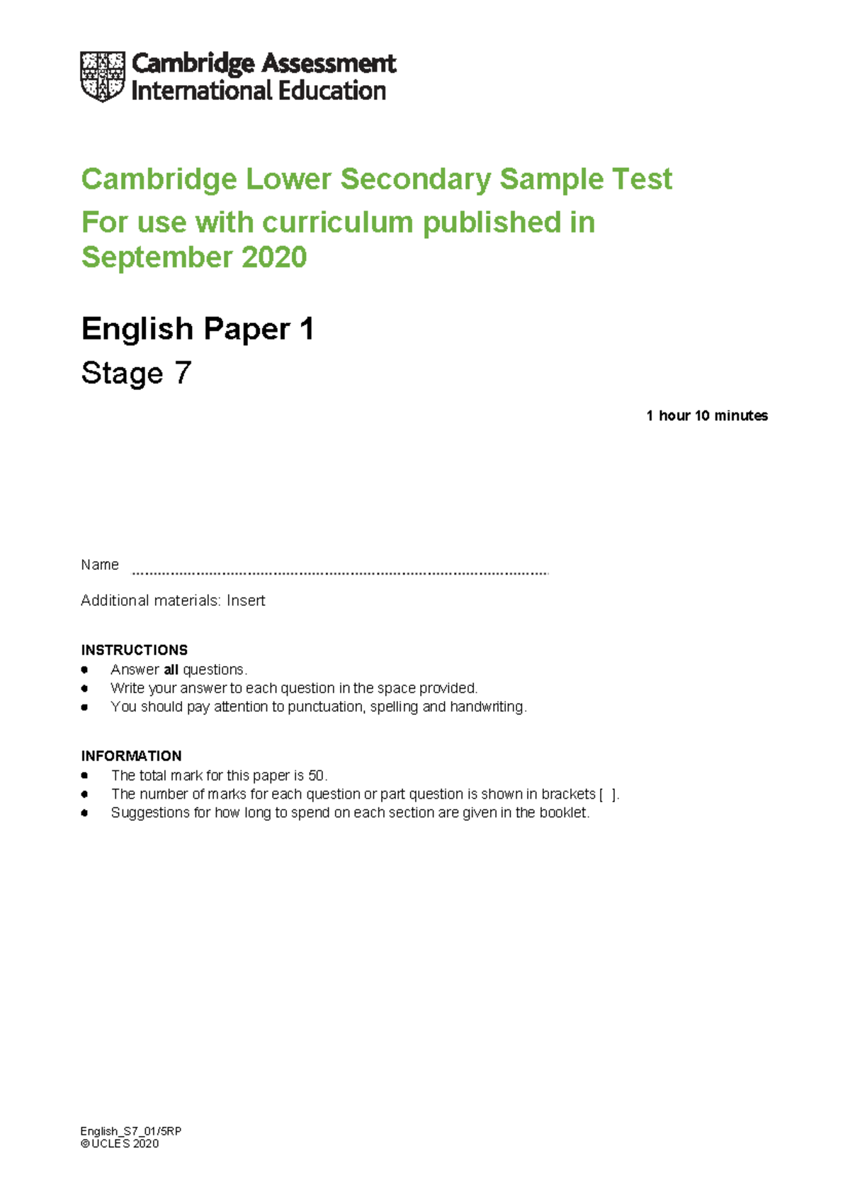 Cambridge Lower Secondary English Paper 1 Sample Test - Stage 7 - Studocu
