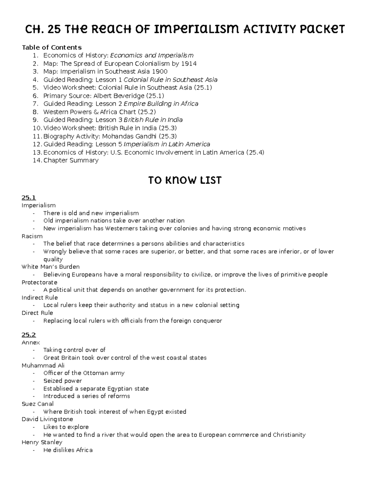Ch. 25 Imperialism Knowledge Summary and Key Concepts Guide - Studocu