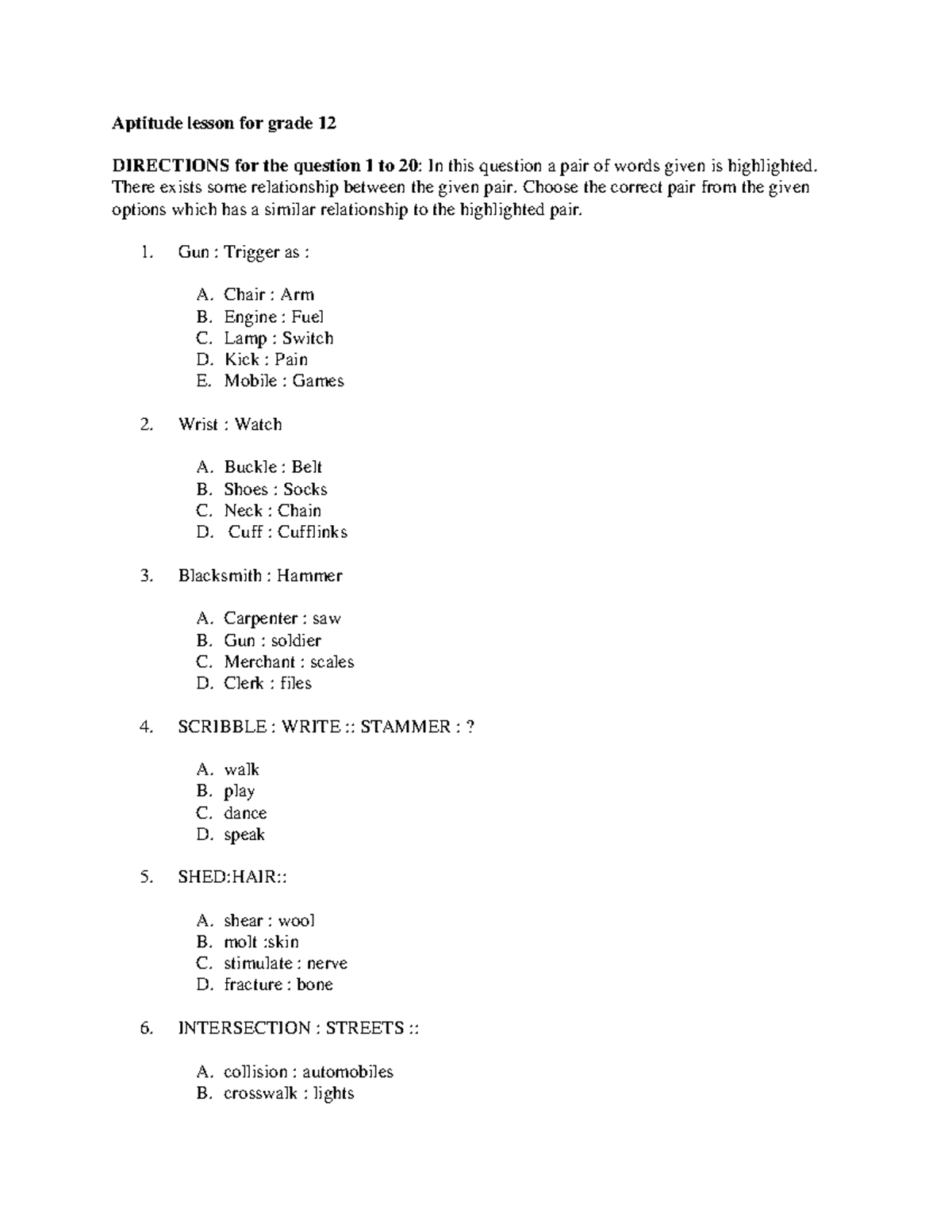 Aptitude Lesson for Grade 12: Word Relationships and Analogies - Studocu