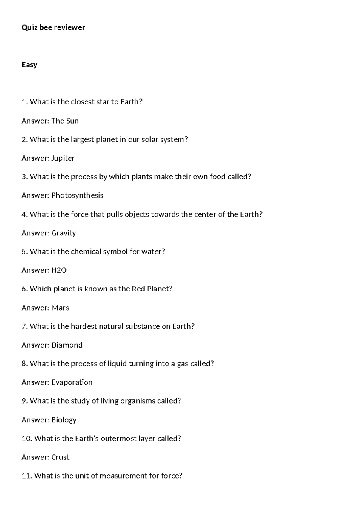 Quiz Bee Reviewer: Science Questions & Answers - Studocu