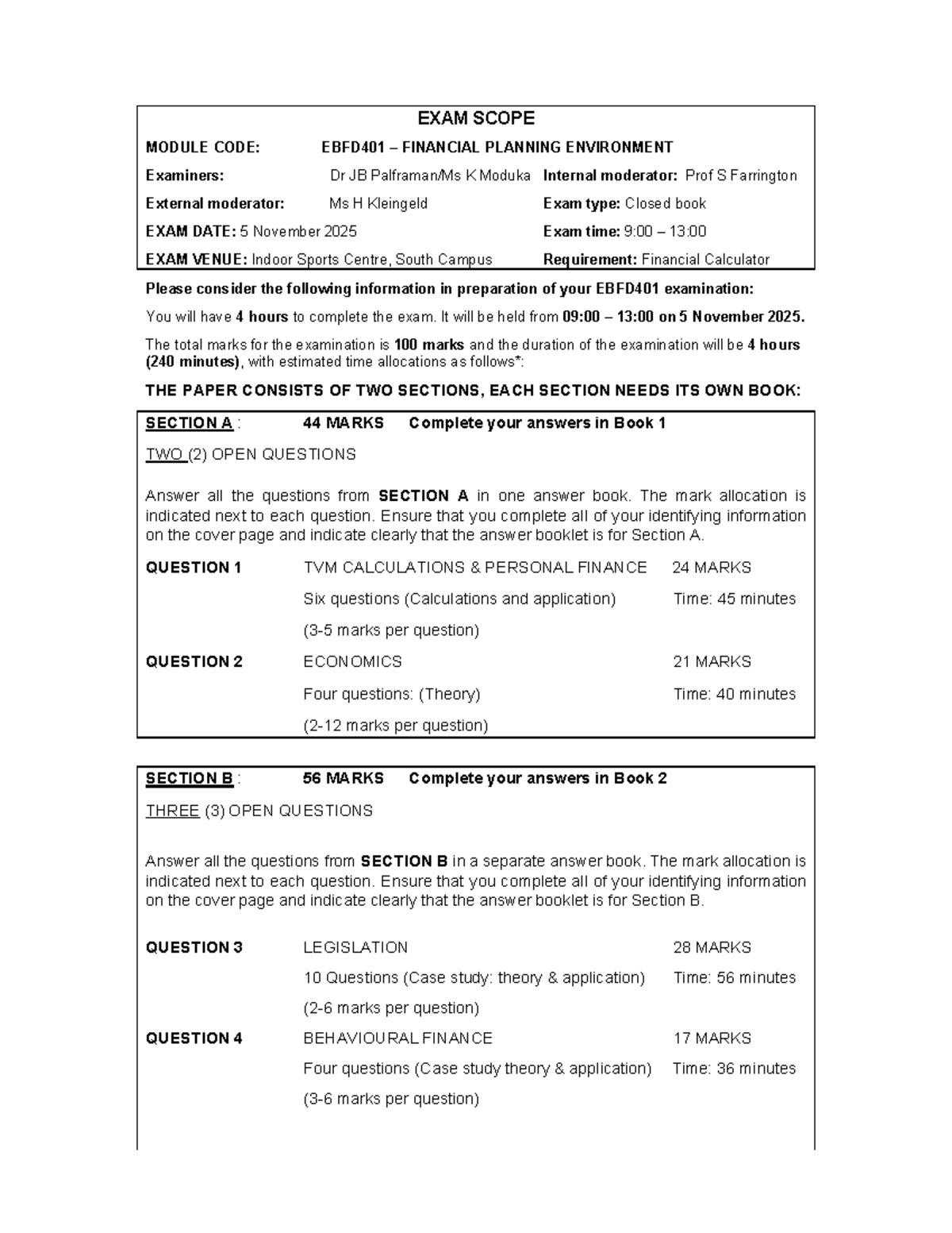 EBFD401 - Financial Planning Environment Exam Scope - Nov 2025 - Studocu