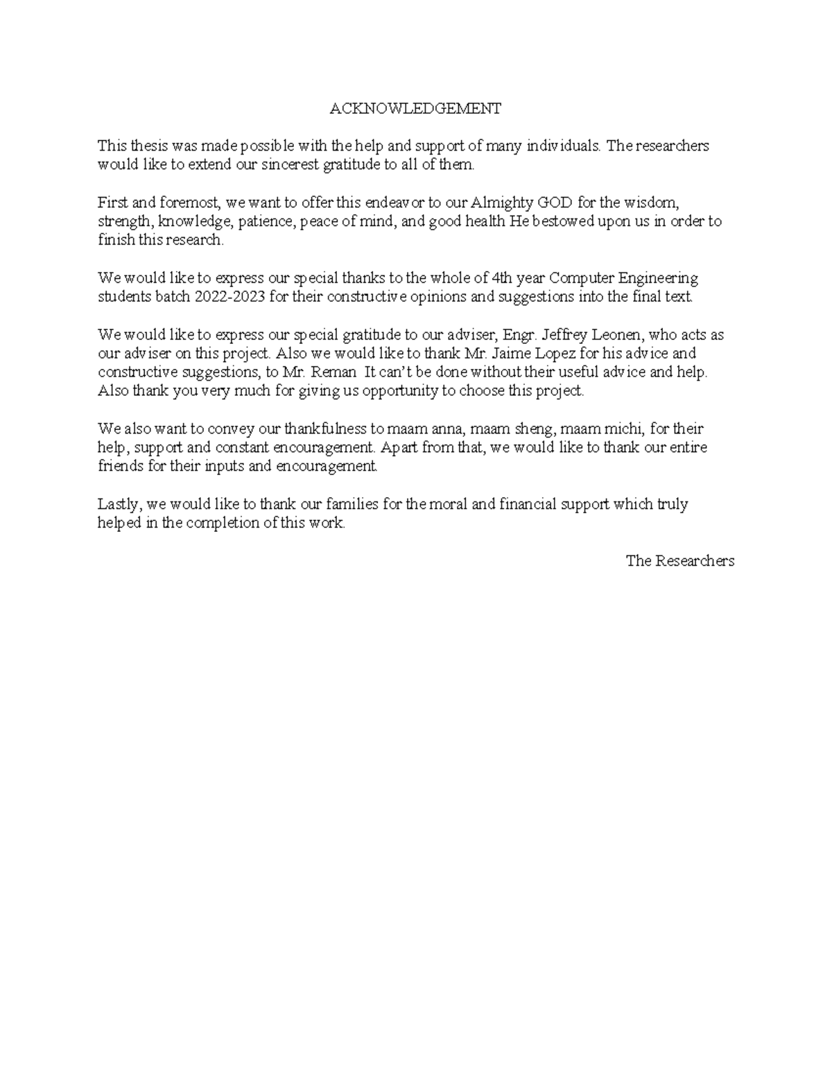 Acknowledgement Samples for Thesis Submission - CE 2022-2023 - Studocu