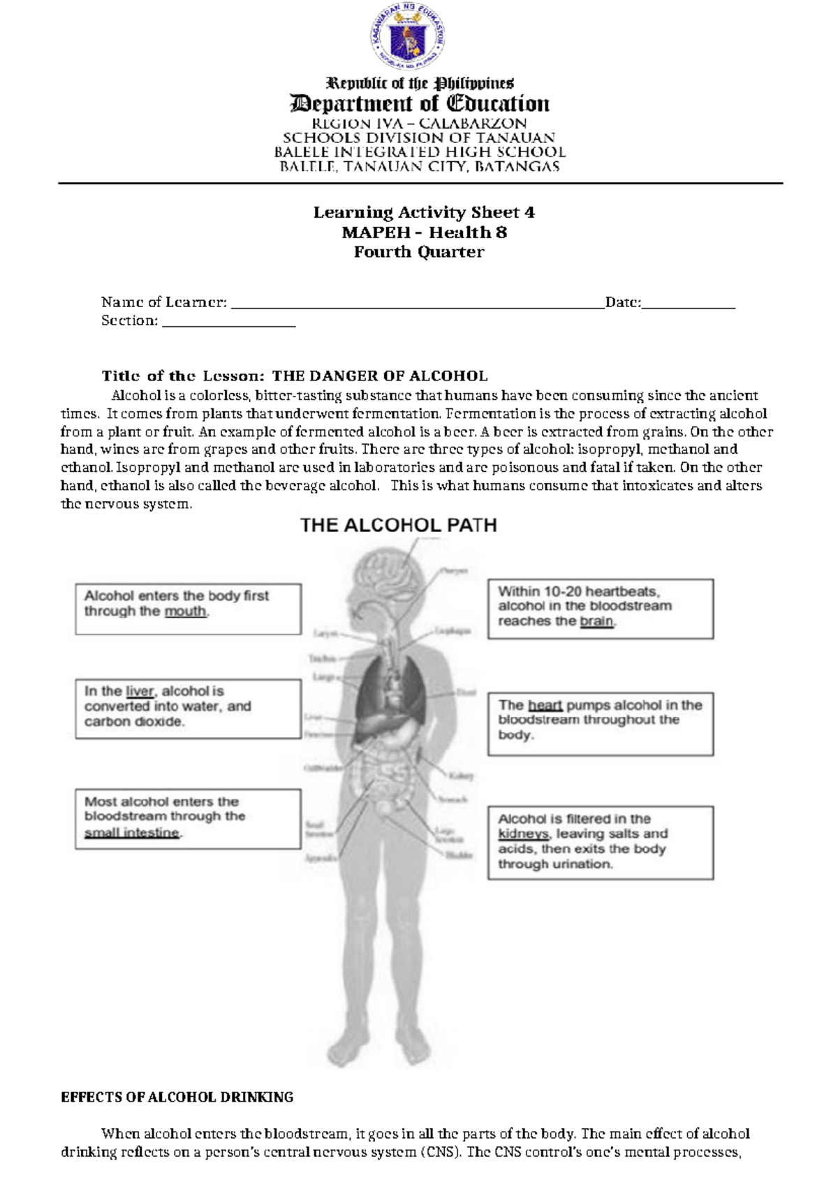 Q4 MAPEH Health 8 Activity Sheet 4 - The Dangers of Alcohol - Studocu