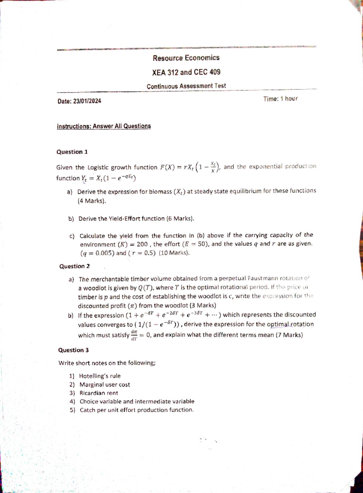 XET 312/ XEA 312/ CEC 409 Resource Economics Special Exam Guide - Studocu
