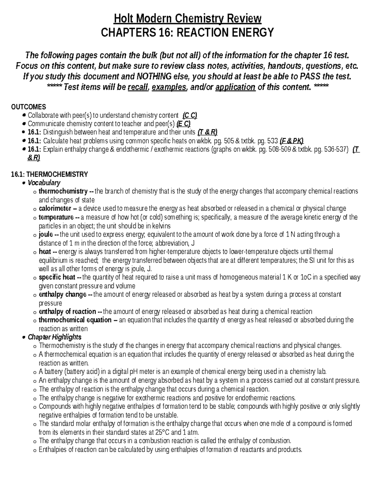 Chapters 16 Review: Thermochemistry & Reaction Energy Insights - Studocu