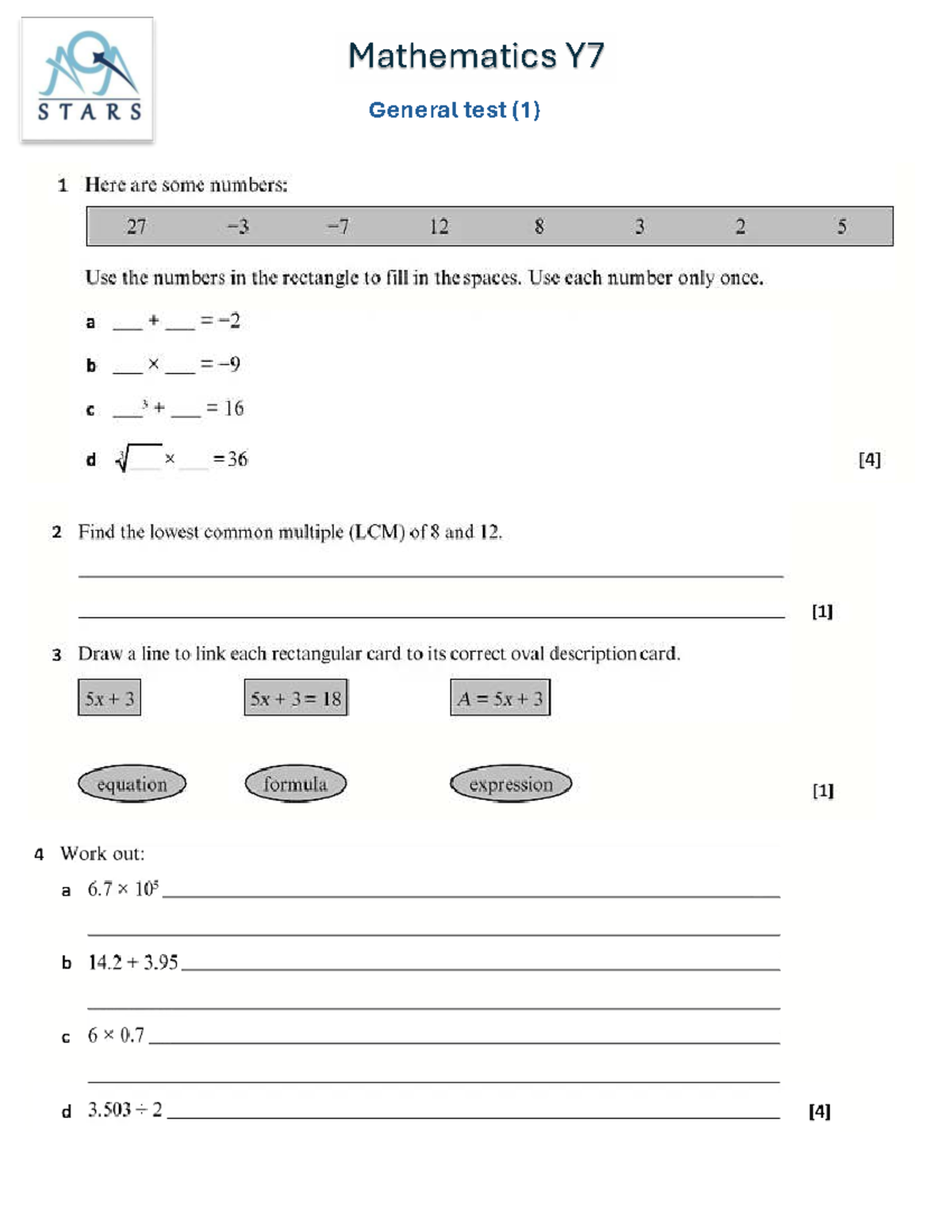 Mathematics Y7 STARS General Test (1) - Comprehensive Review - Studocu