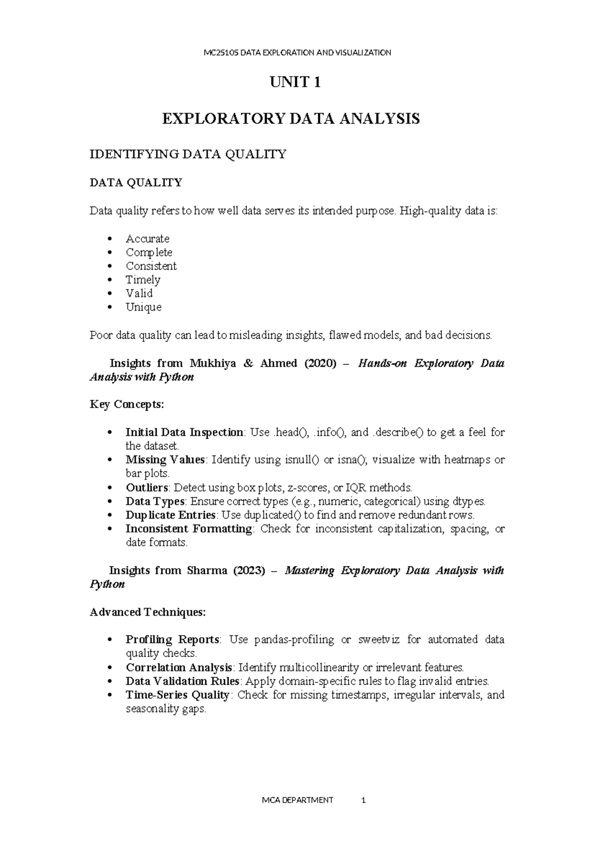 MC25105 DATA EXPLORATION AND VISUALIZATION UNIT 1 DATA QUALITY AND ...