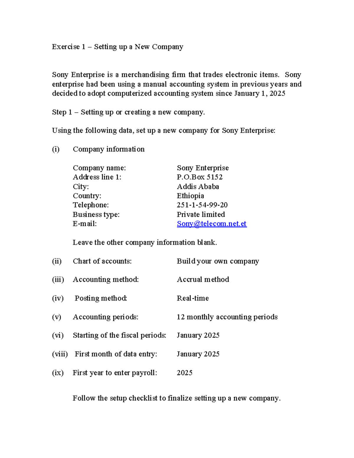 Exercise 1: Setting Up Sony Enterprise for Computerized Accounting ...