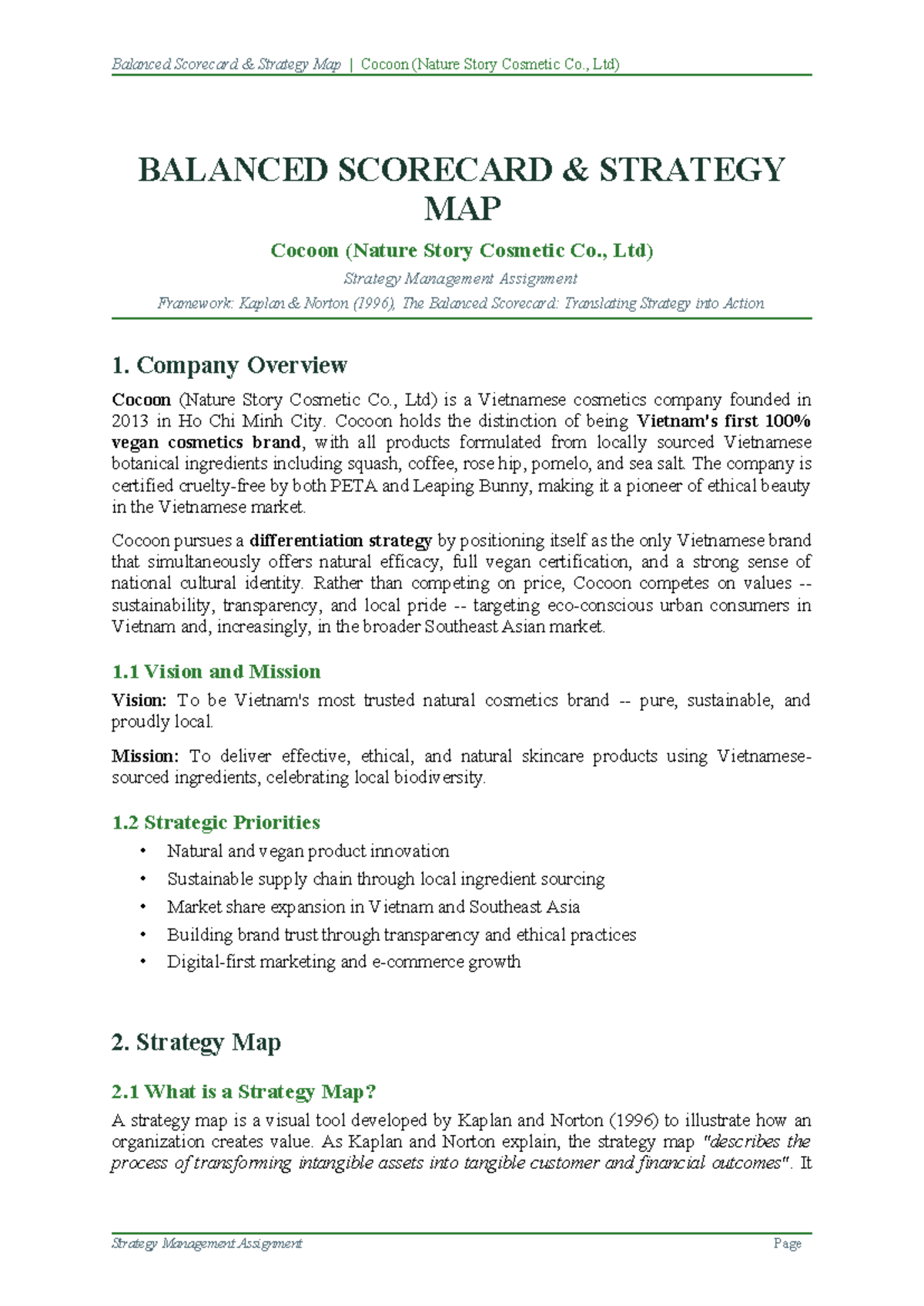 Balanced Scorecard Strategy Map for Cocoon (Nature Story Cosmetic Co ...