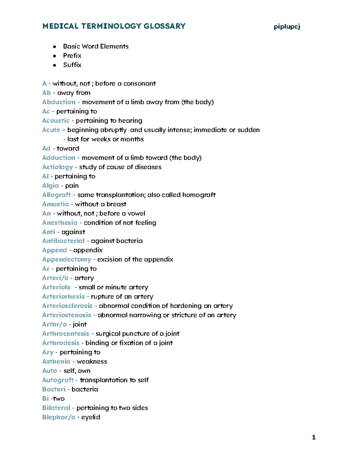 MTRT Prelim L1 Medical Terminology Glossary - Studocu