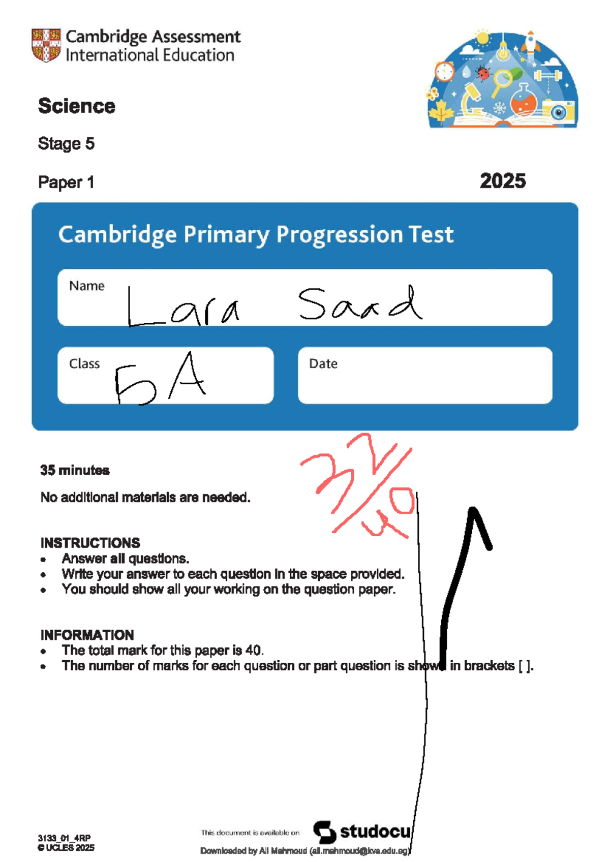 Progression Test Stage 5 Science 2025 P1- Lara Saad Result - Cairo ...