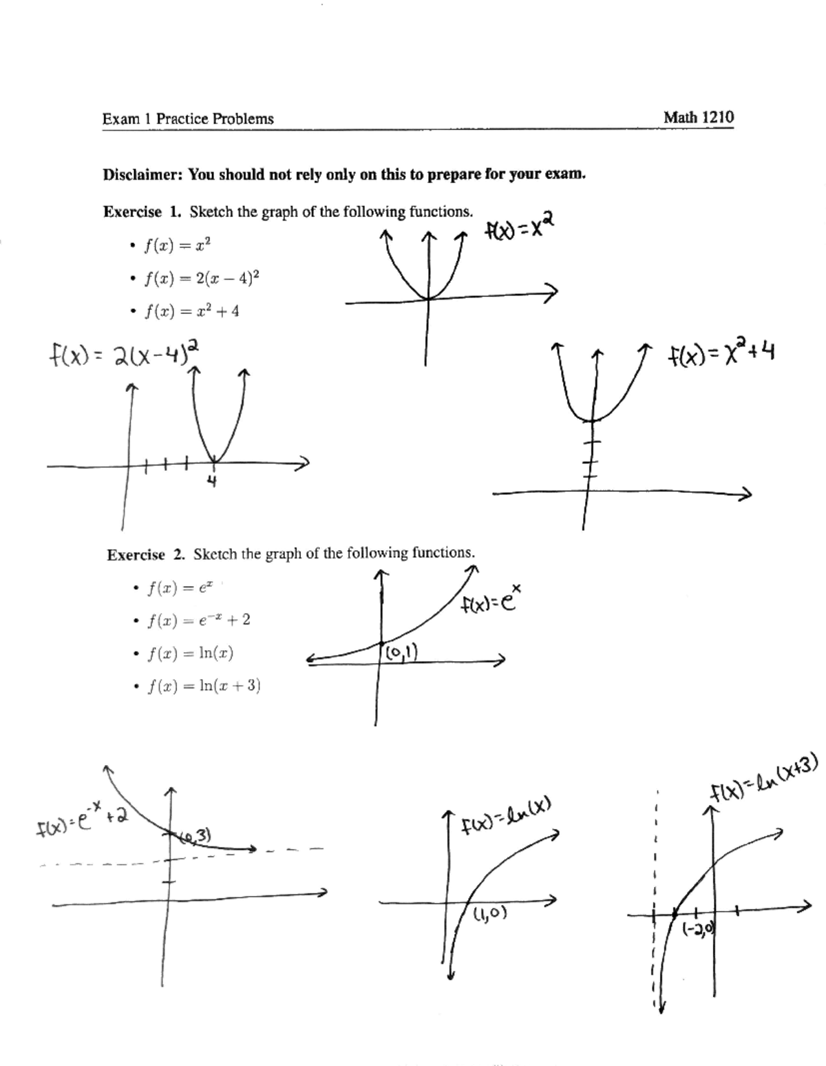 1210 Exam 1 Practice Problem Solutions - Exam 1 Practice Problems Math ...