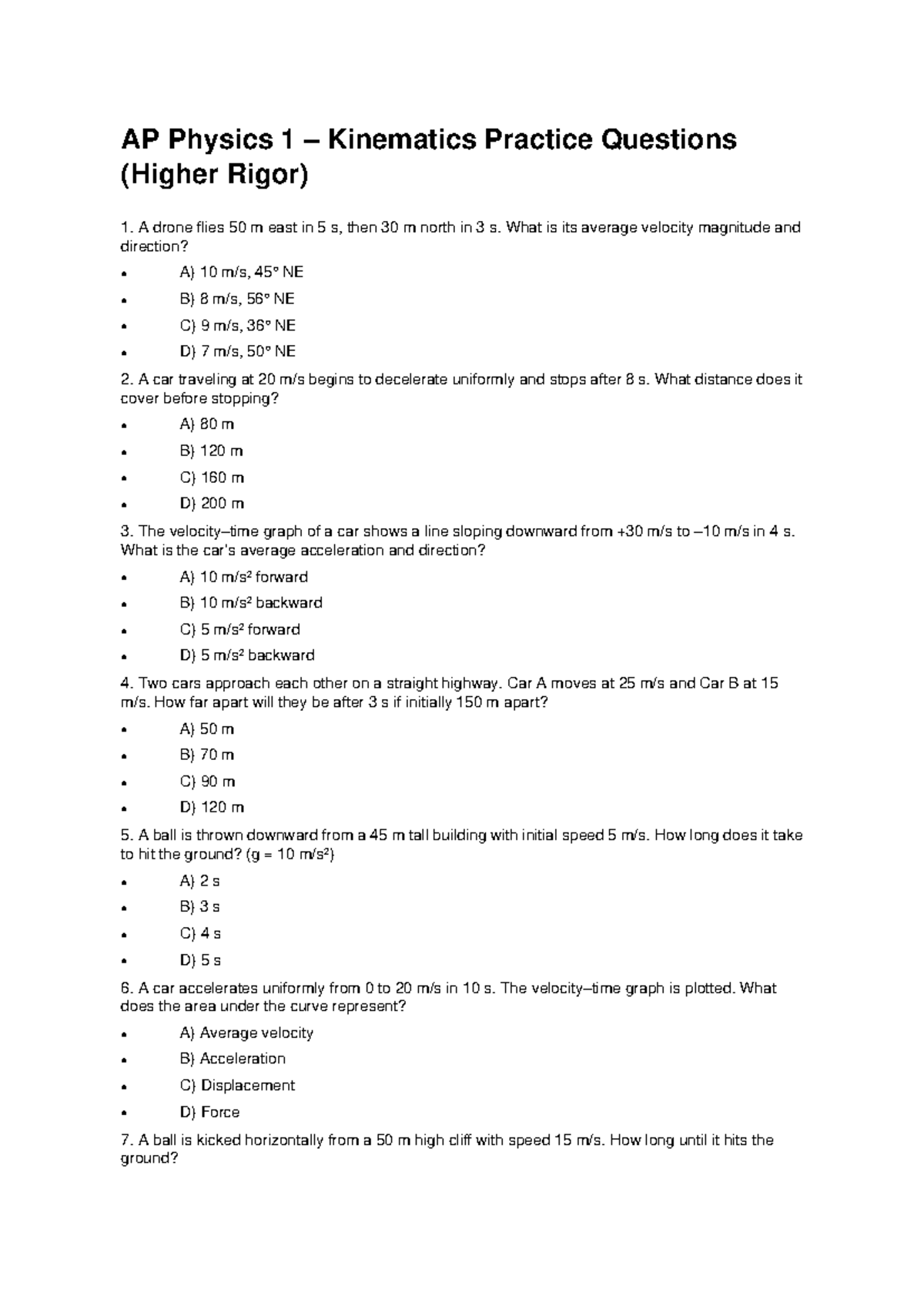 AP Physics 1 Kinematics MCQs (Higher Rigor) - Studocu