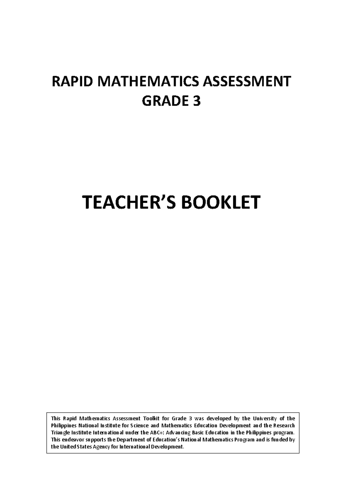 RMA2 Grade 3 Teacher’s Booklet - Final Assessment Toolkit - Studocu